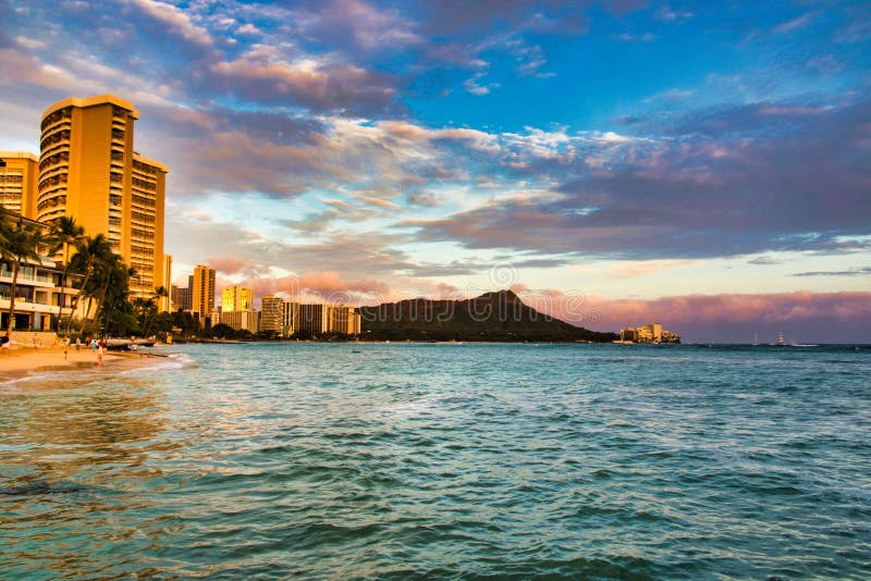 Iconic View of Diamond Head at Sunset. Stock Image - Image of ocean ...