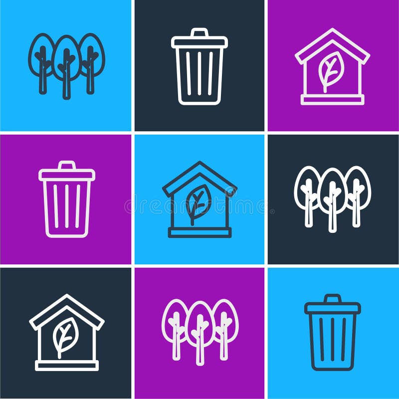 Icono De Set Line Tree Eco Friendly House Y Basurero Can. Vector Stock ...