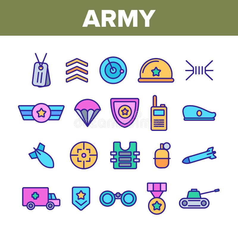 Iconos De Conjunto De Iconos Militares De Color Ilustración del Vector ...