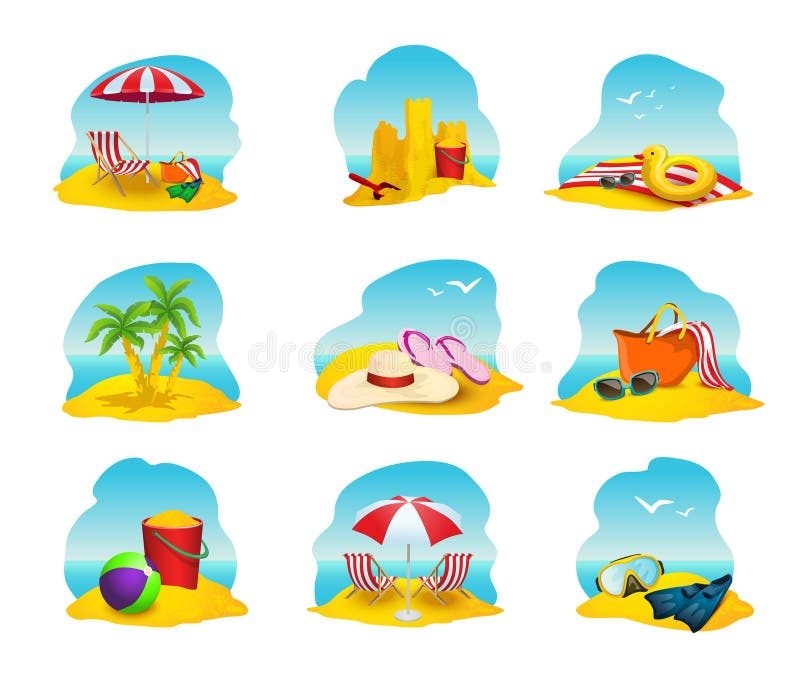 Iconos de la playa ilustración del vector. Ilustración de verano - 32729901