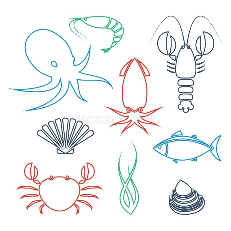 Iconos del marisco planos ilustración del vector. Ilustración de ...