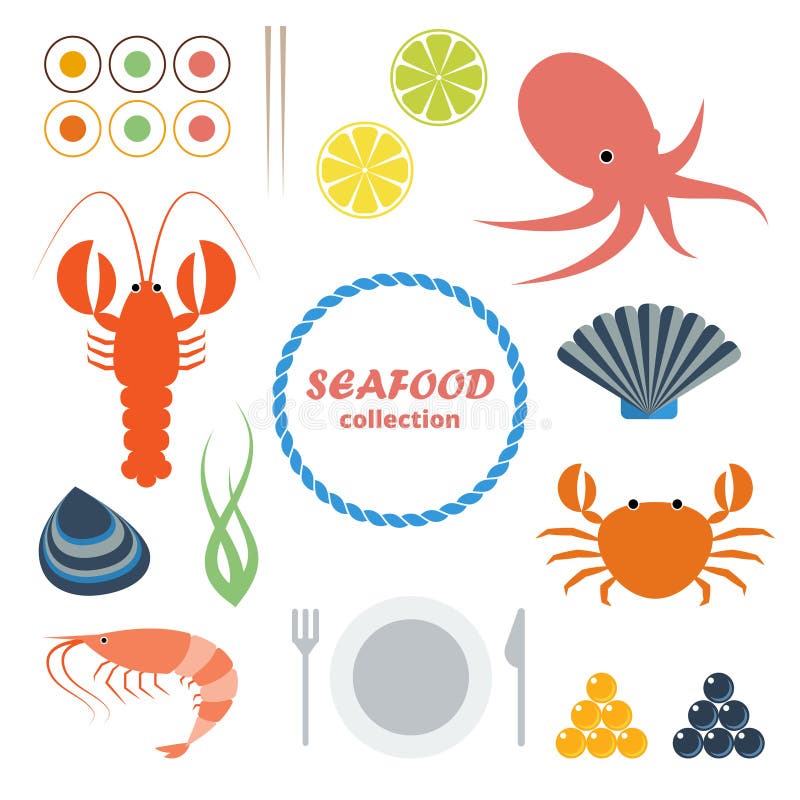 Iconos De Los Mariscos Fijados Ilustración del Vector - Ilustración de ...