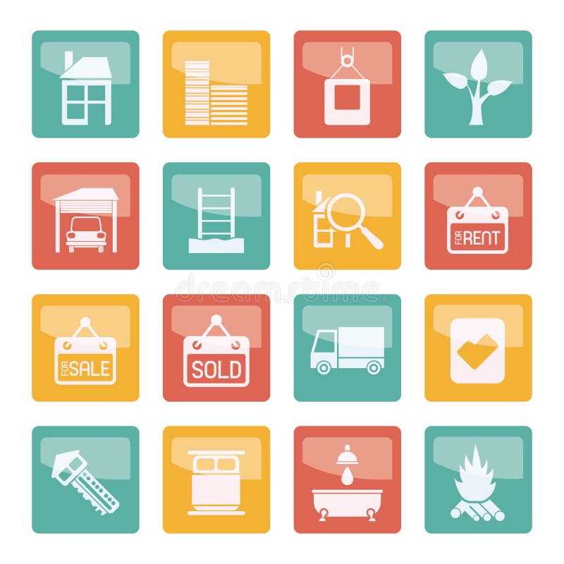 Iconos De Real Estate Y Del Edificio Sobre Fondo Coloreado Ilustración ...