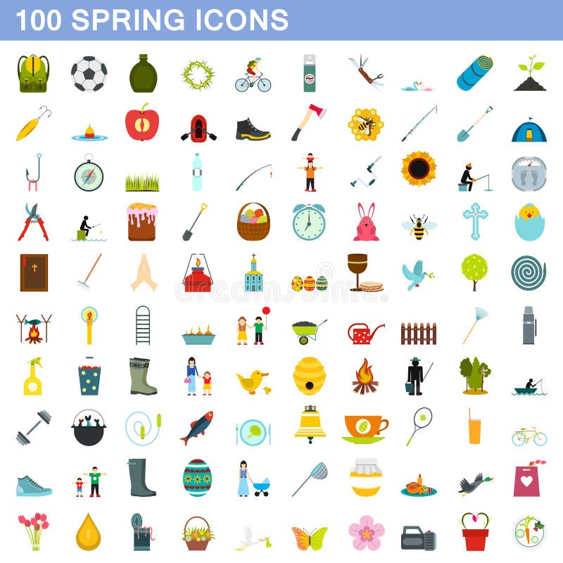 100 Iconos Fijados, Estilo Plano De La Primavera Ilustración del Vector ...