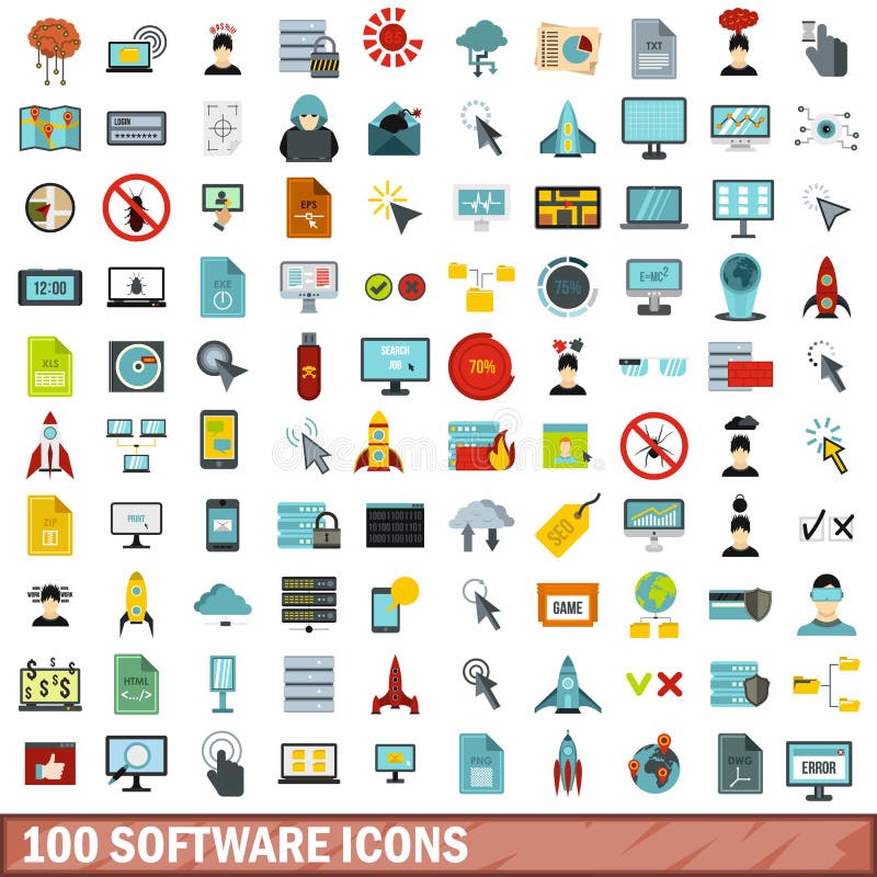 100 Iconos Fijados, Estilo Plano Del Software Ilustración del Vector ...