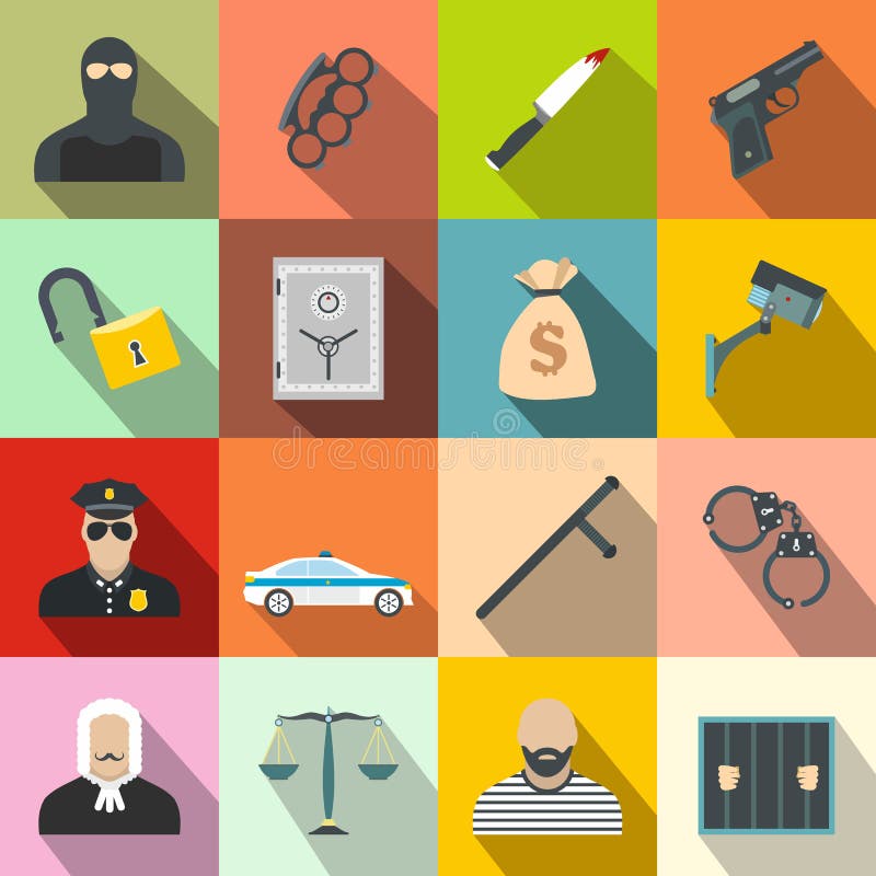 Iconos planos del crimen stock de ilustración. Ilustración de evidencia ...