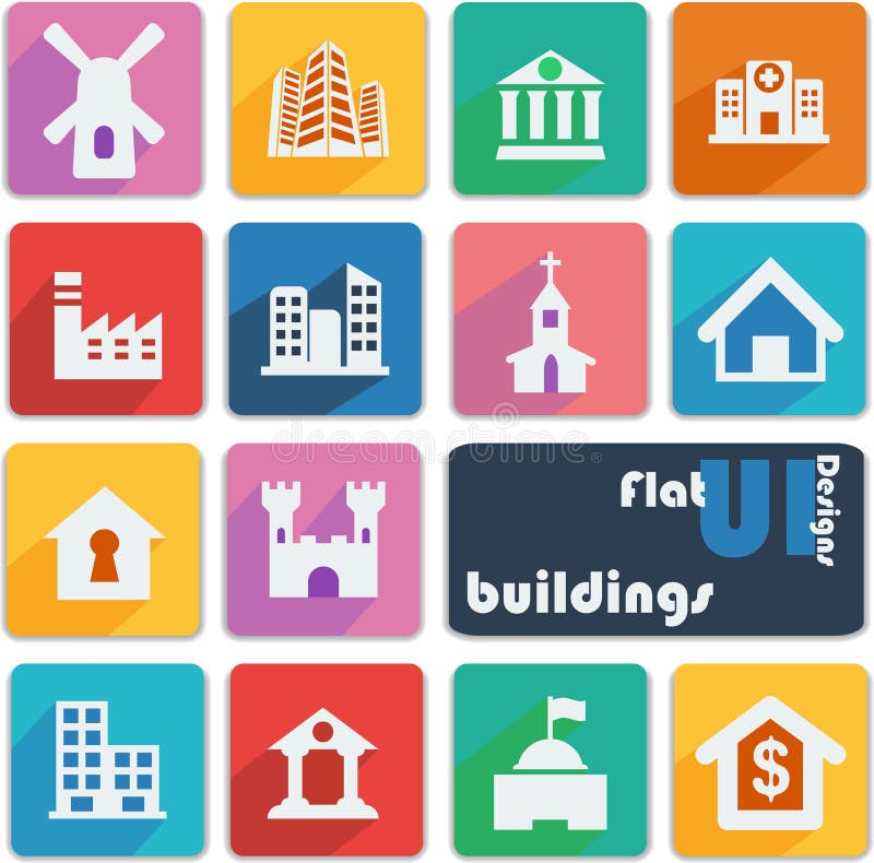 Iconos Planos Del Diseño Del Ui Edificios Ilustración del Vector - Ilustración de colores, plano ...