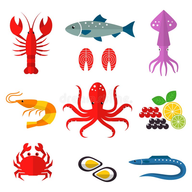 Iconos Planos Del Vector De Los Mariscos Fijados Ilustración del Vector ...