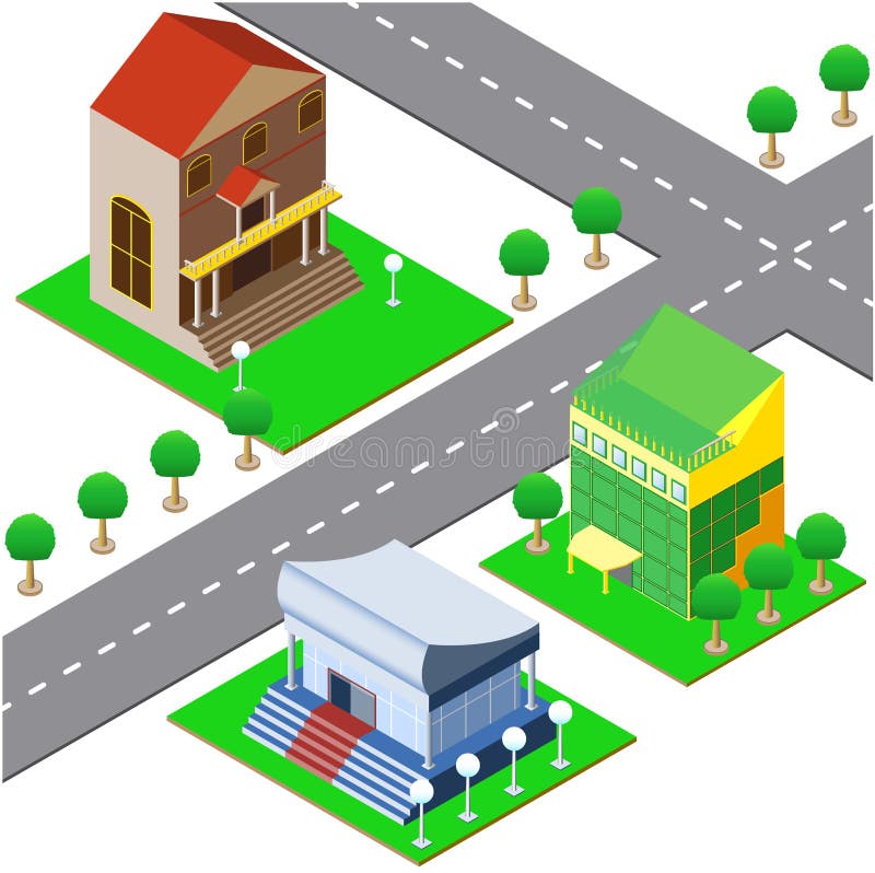Icons Building and Street in Isometric Stock Vector - Illustration of ...