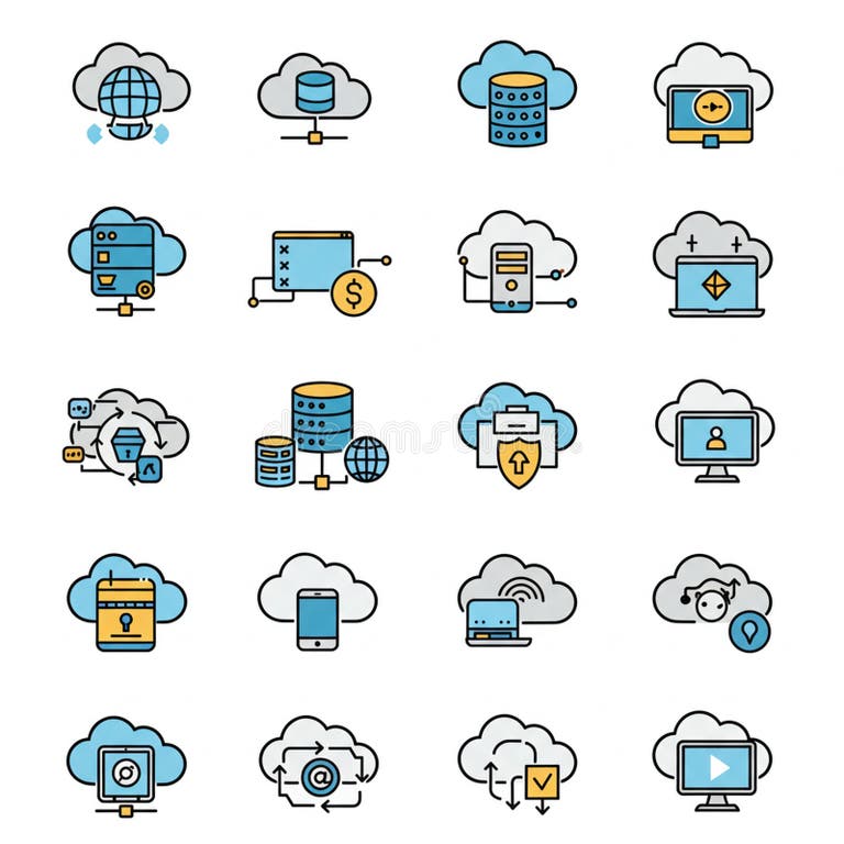 Icons of Cloud Computing and Digital Services are Depicted in a Grid ...