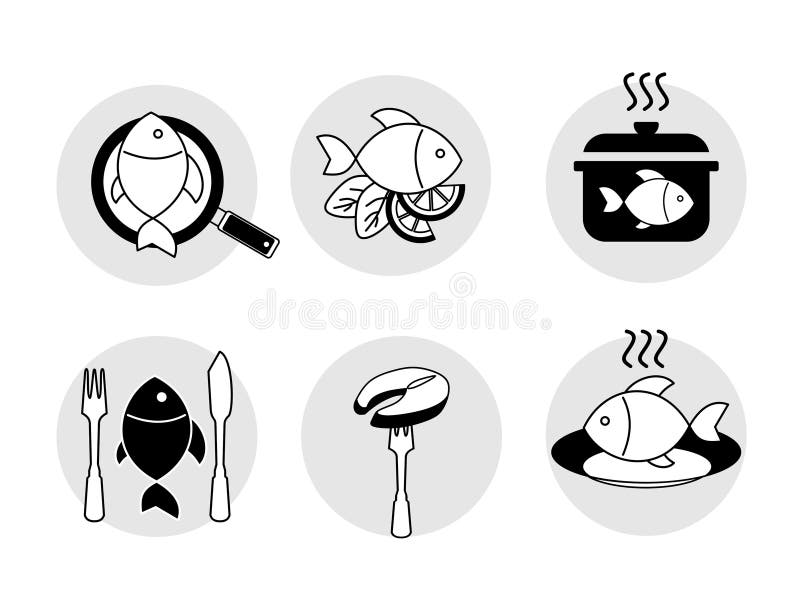 Icons for Cooking Fish Dishes. Stock Vector - Illustration of isolated ...