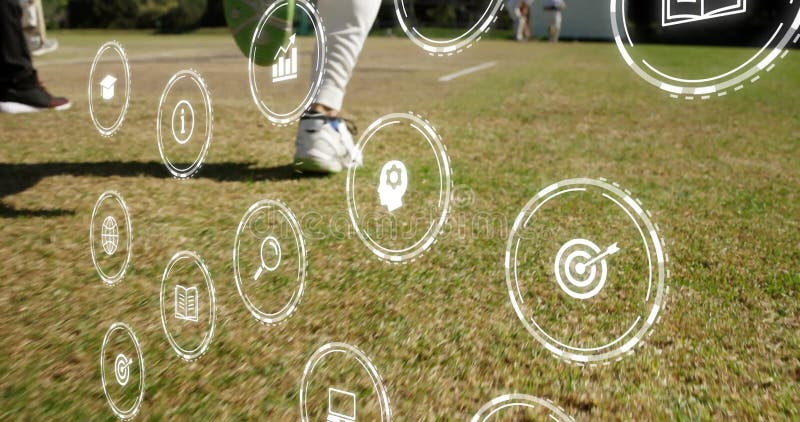 Icons and Data Processing Animation Over Person Walking on Grass Field ...