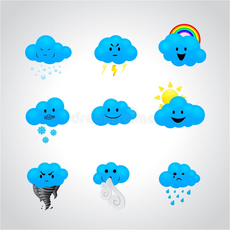 Set of Cute Weather Icons with Different Emotions Expression. Vector ...