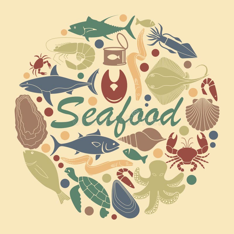 Icons of fish and seafood stock vector. Illustration of meat - 109742964