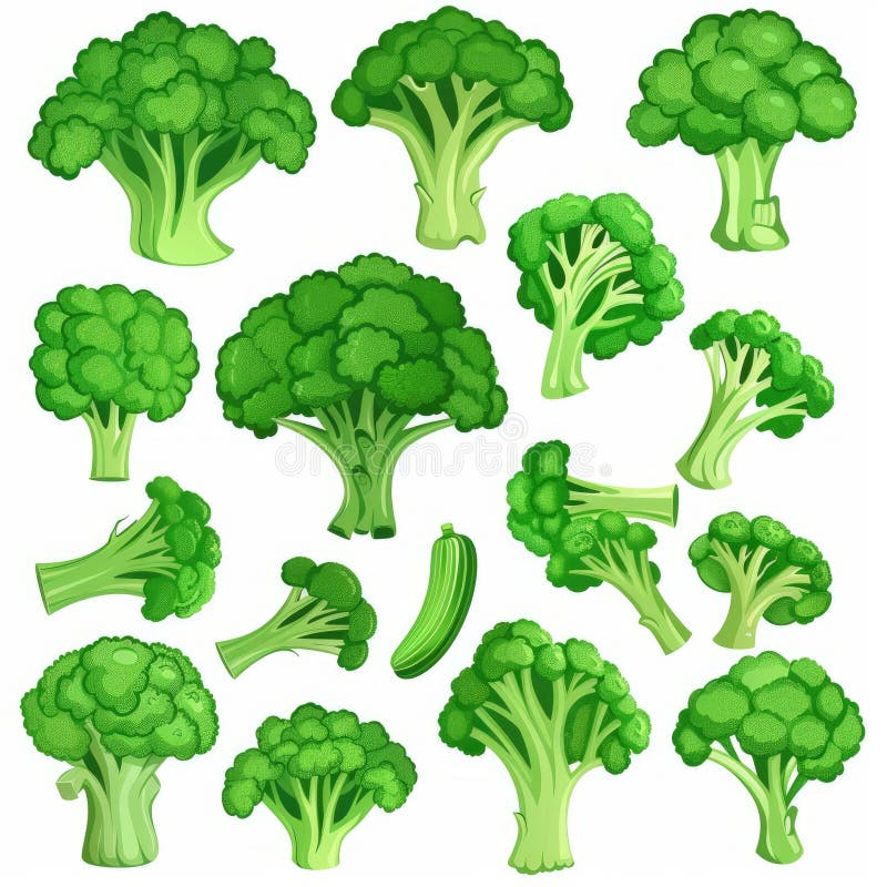 Icons of Fresh, Green Broccoli in Different Angles and Cuts Isolated on White Background Stock ...