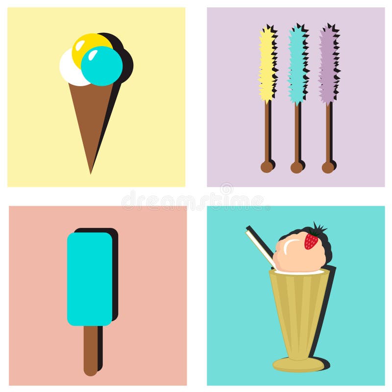 Icons of Ice Cream, Milk Shake and Rock Candy Stock Vector ...