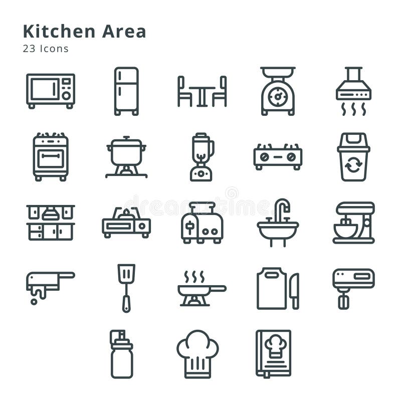 23 icons on kitchen area stock vector. Illustration of household ...
