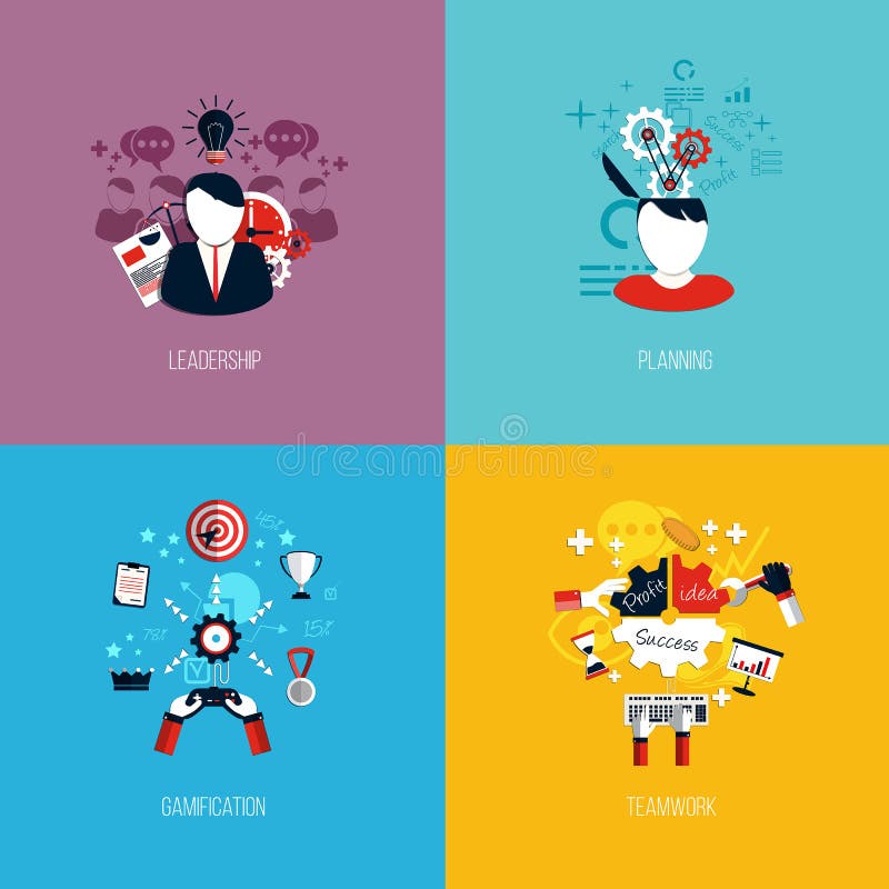 Icons for Leadership, Planning, Gamification and Teamwork. Flat Stock Vector - Illustration of ...