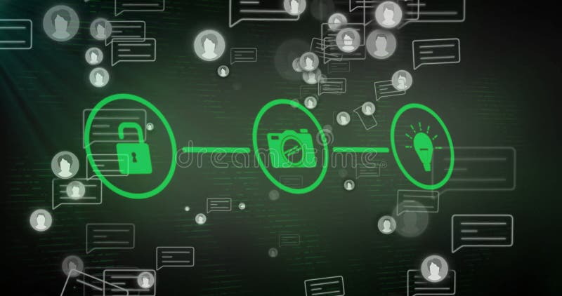 Icons of Lock, Camera, and Light Bulb Connected with Digital ...