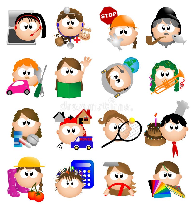 Set of 16 Cute Occupation Icons: Part 3: Operator, Doctor, Fisherman ...