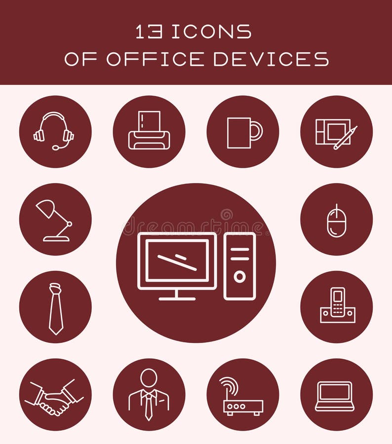 13 Icons of Office Devices. Stock Vector - Illustration of employee ...