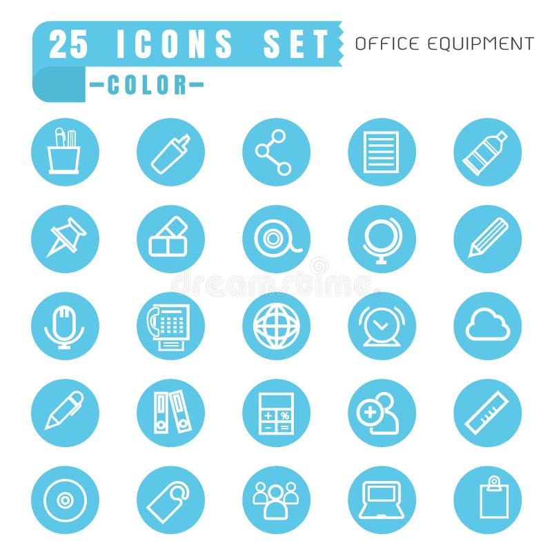 Icons Office Equipment Color Thin White in the Circle Blue on White ...