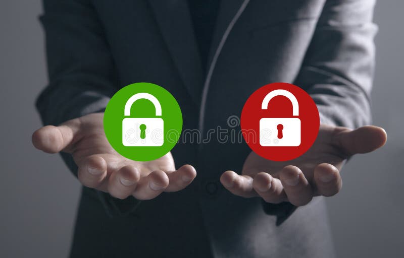 Icons of Open and Closed Lock. Man Holding in His Hands Stock Image ...