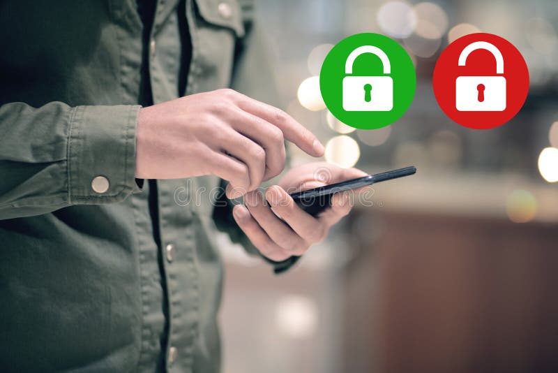 Icons of Open and Closed Lock. Man Tapping on the Screen Stock Photo ...