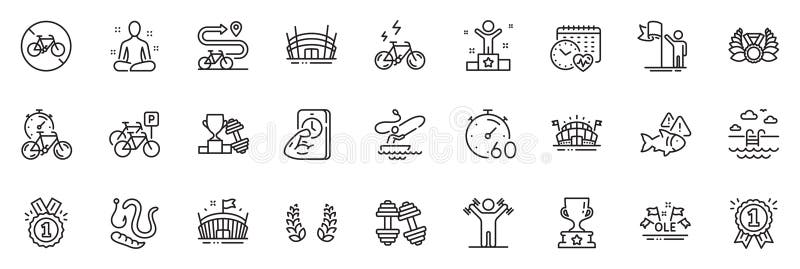 Icons Pack As Dumbbells Workout, Bike Timer and Winner Cup Line Icons ...