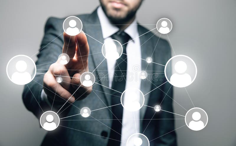 Icons of People Network Connection.Man Clicks on the Screen Stock Image ...