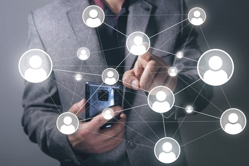 Icons of People Network Connection.Man Clicks on the Screen Stock Image ...
