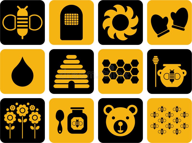 Bee and honey icons set stock illustration. Illustration of cells ...