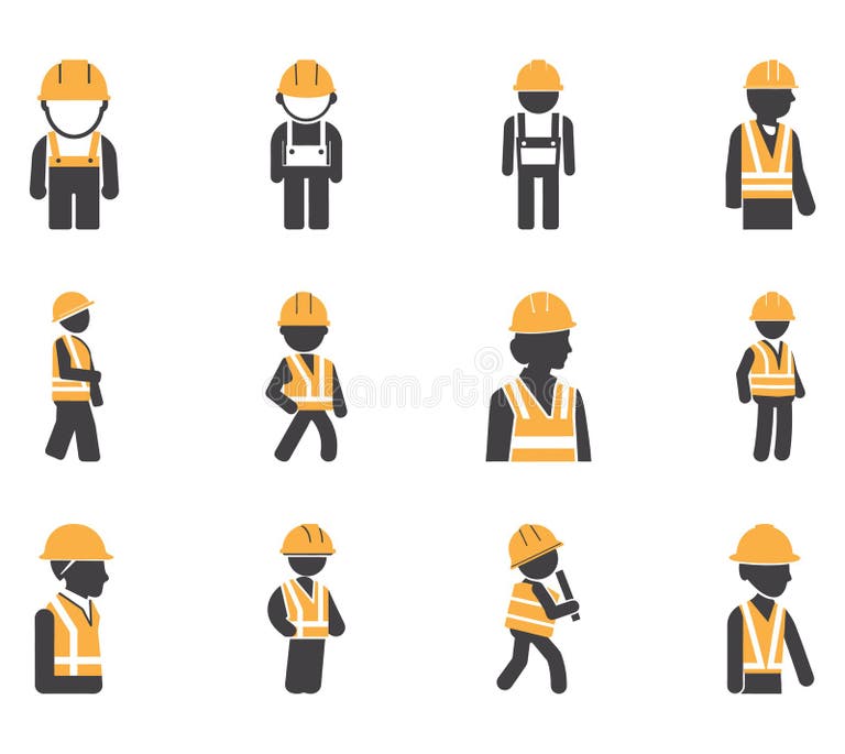 Various Construction Worker Icons Show Diverse Poses and Orange ...