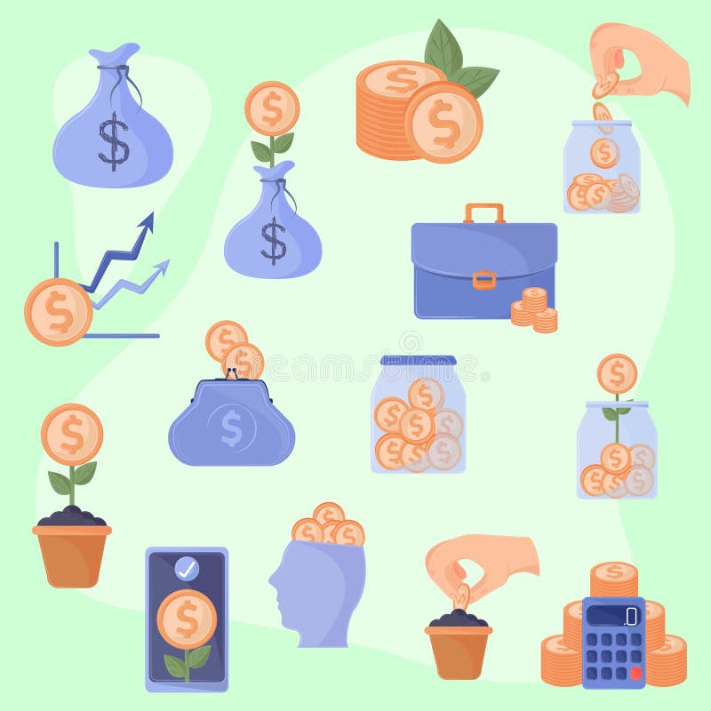 Saving and Investing Money Icons Stock Vector - Illustration of online ...