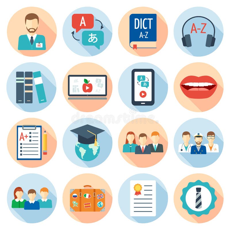Icons Set for Foreign Language Courses and Schools. Flat Design Stock ...