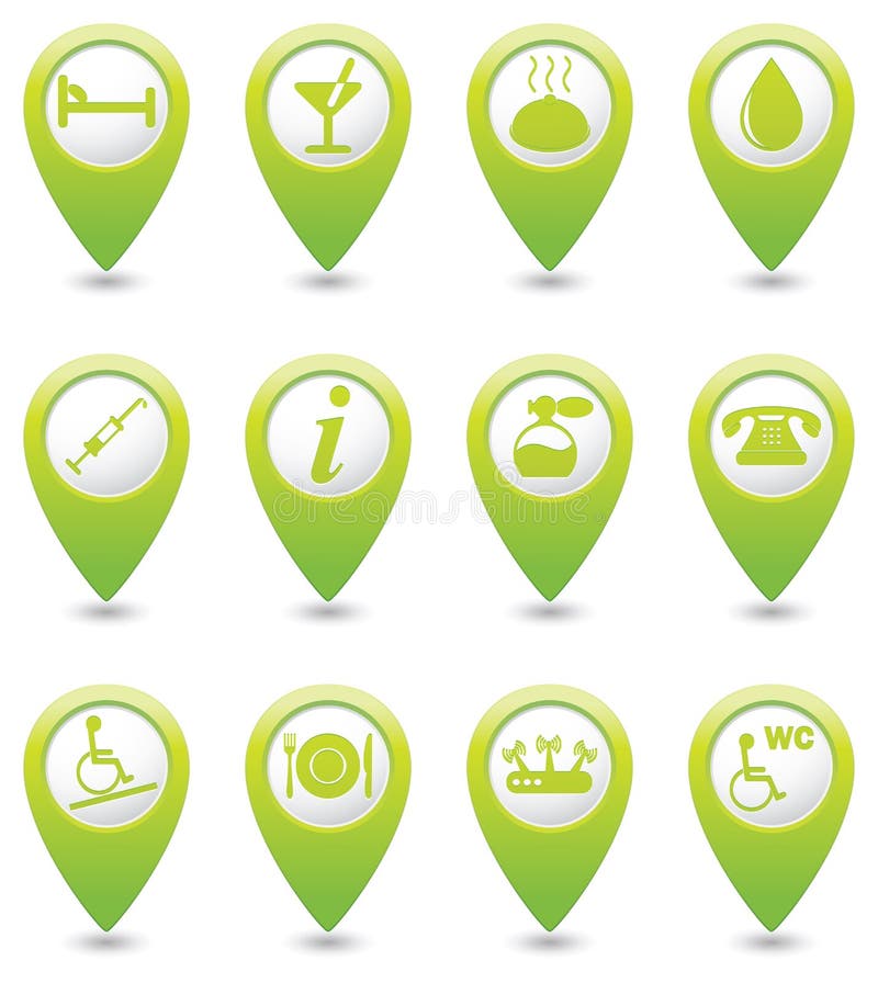 Icons Set on Green Map Pointer Stock Vector - Illustration of hotel ...