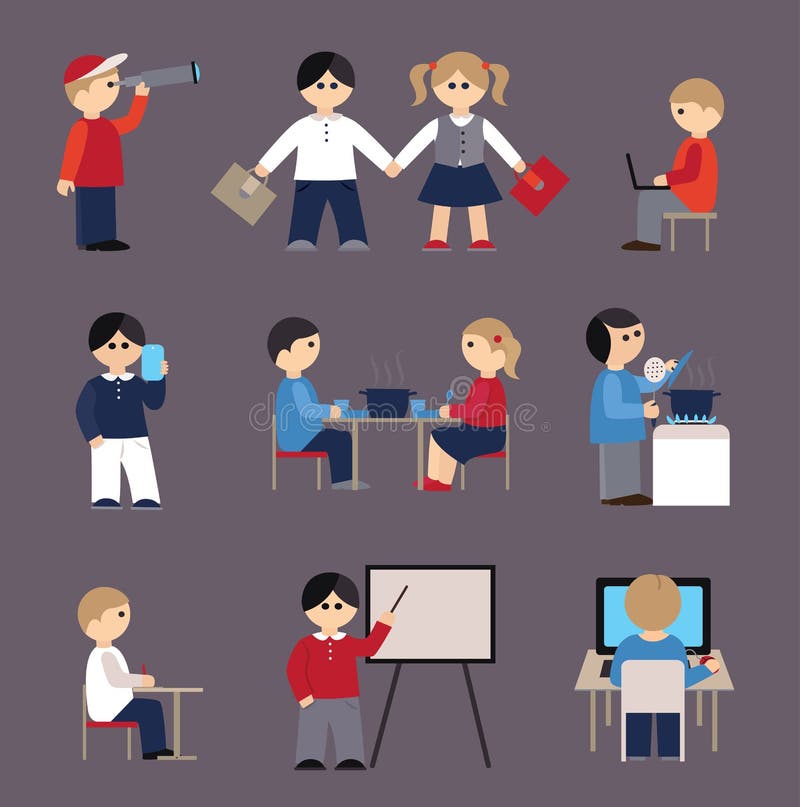 Icons Set with People and Students Stock Vector - Illustration of flat ...
