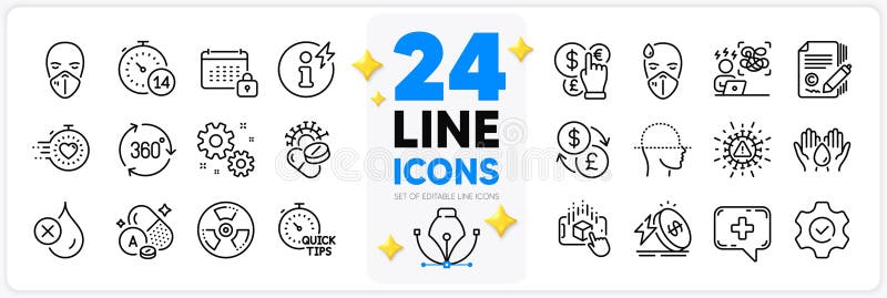 Icons Set of Quick Tips, Power Info and Sick Man Line Icons. for Web ...