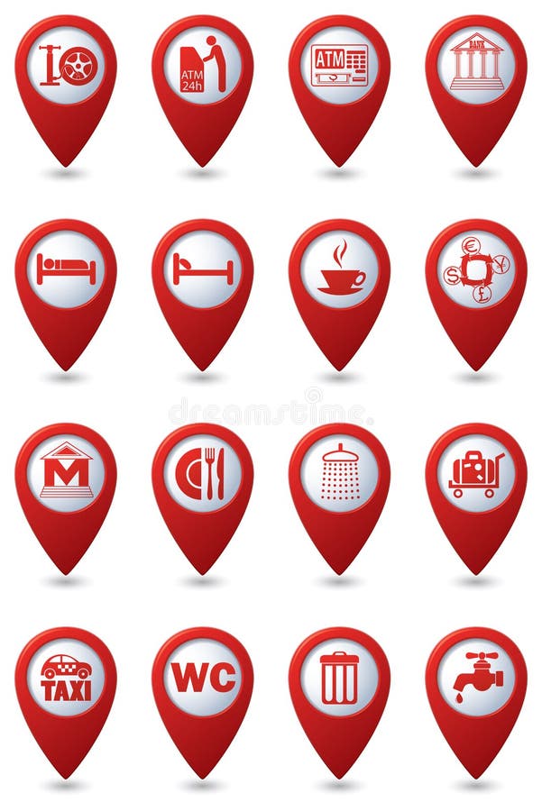Icons Set on Red Map Pointers Stock Vector - Illustration of pictogram ...