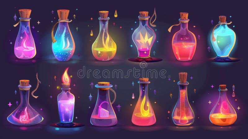 Icons Set Of Witch Poison Gui Or Ui Game Assets Alchemist Apothecary Vials With Colored Glowing
