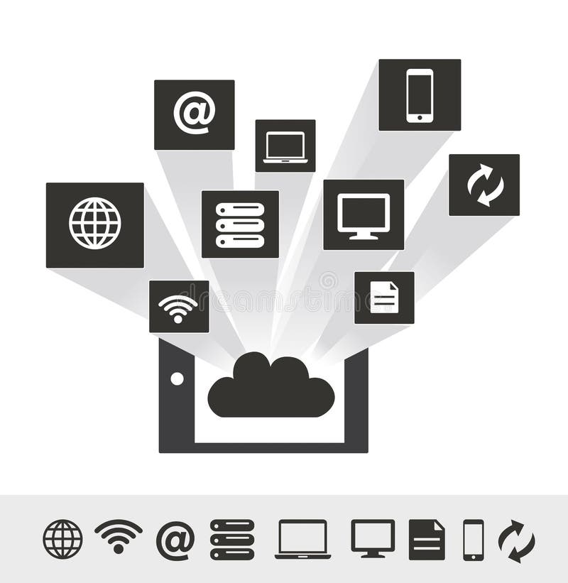 Icons on Tablet Black and White Stock Vector - Illustration of cloud ...