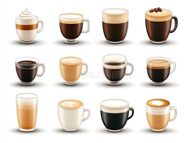 Icons of Variety of Coffee Drinks in Different Cups Stock Illustration ...