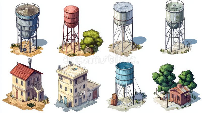 Icons of Water Towers and Tanks Representing Elevated Water Storage ...