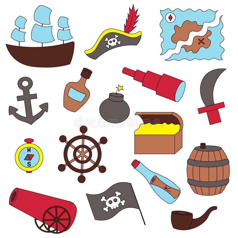 Set Items Pirate Things. Draw Illustration in Color Stock Illustration ...