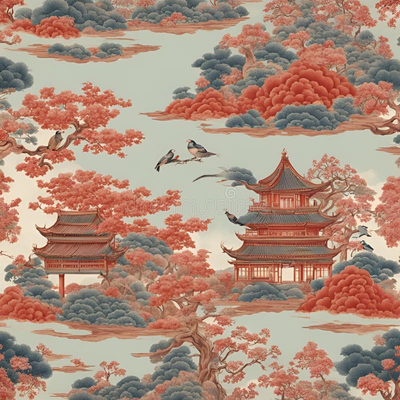 Majestic Red Castles among Trees and Clouds in Chinoiserie Style AI ...