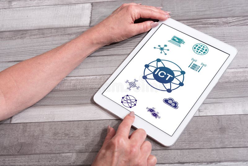 Ict concept on a tablet stock photo. Image of hand, online - 229966604