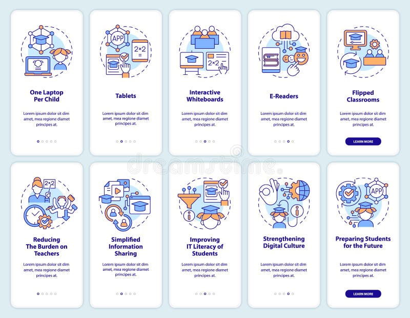 ICT in Education Industry Onboarding Mobile App Screens Set Stock ... ICT in Education Industry Onboarding Mobile App Screens Set Stock ...