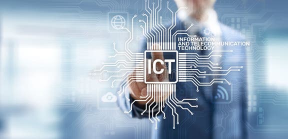 ICT - Information and Communication Technology Concept on Virtual Screen Stock Illustration ...