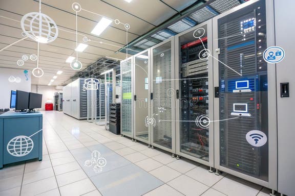 ICT and IoT Technology Concepts in Server Room Stock Illustration ...