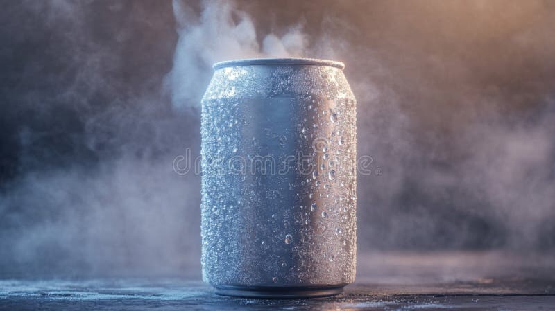 Icy Aluminum Can with Water Droplets and Mist in Cold Studio Lighting ...